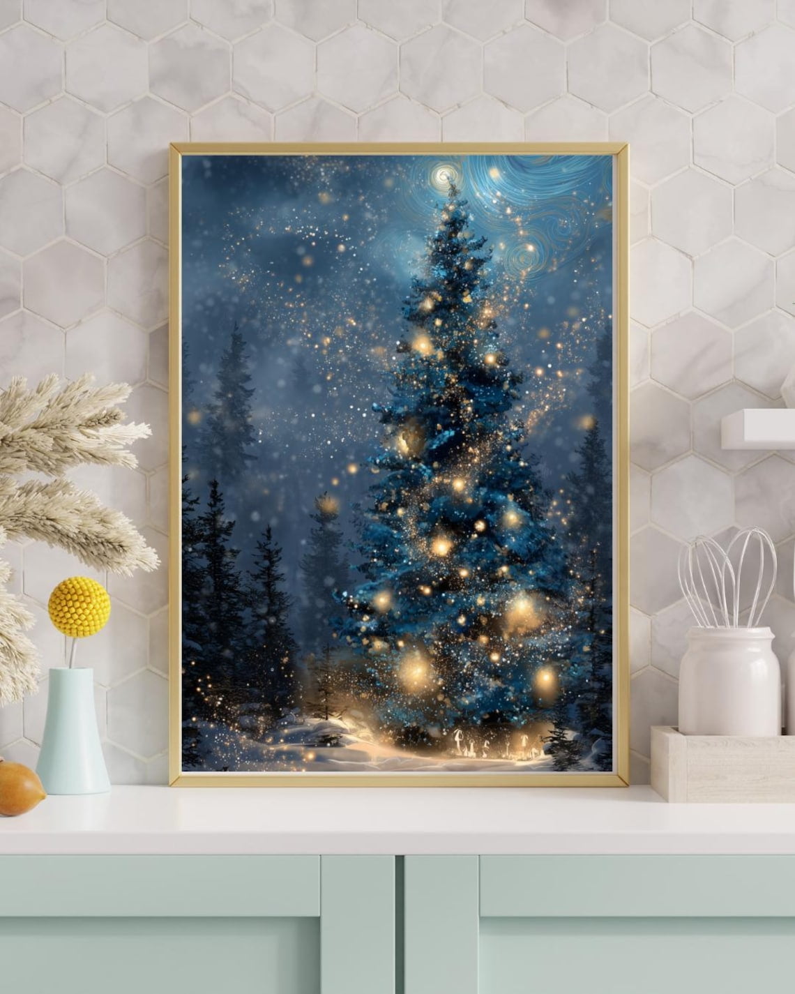 Blue Tree Art Print Starry Night Winter Scene Poster Decor, Unframed ...