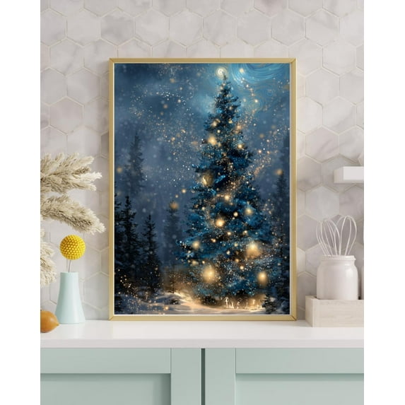 Blue Tree Art Print Starry Night Winter Scene Poster Decor, Unframed Poster Size 8x12 F03.1 ...