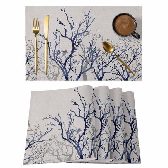 Blue Tree Branch Cotton Linen Placemats Set of 1, Bird Washable Table ...