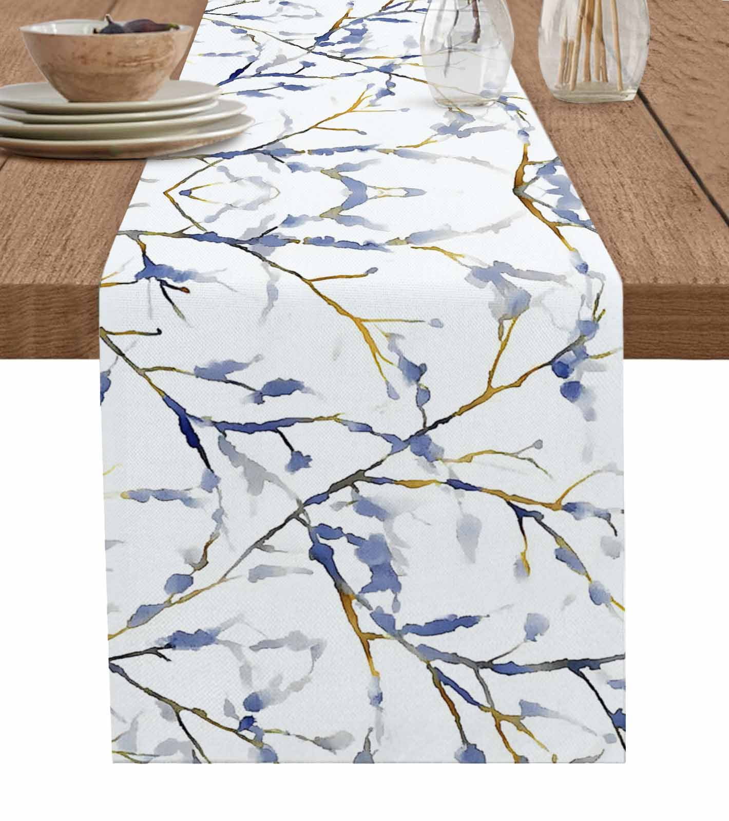 Blue Tree Branch Table Runner 72 Inches, Simple Spring Botanical Golden ...
