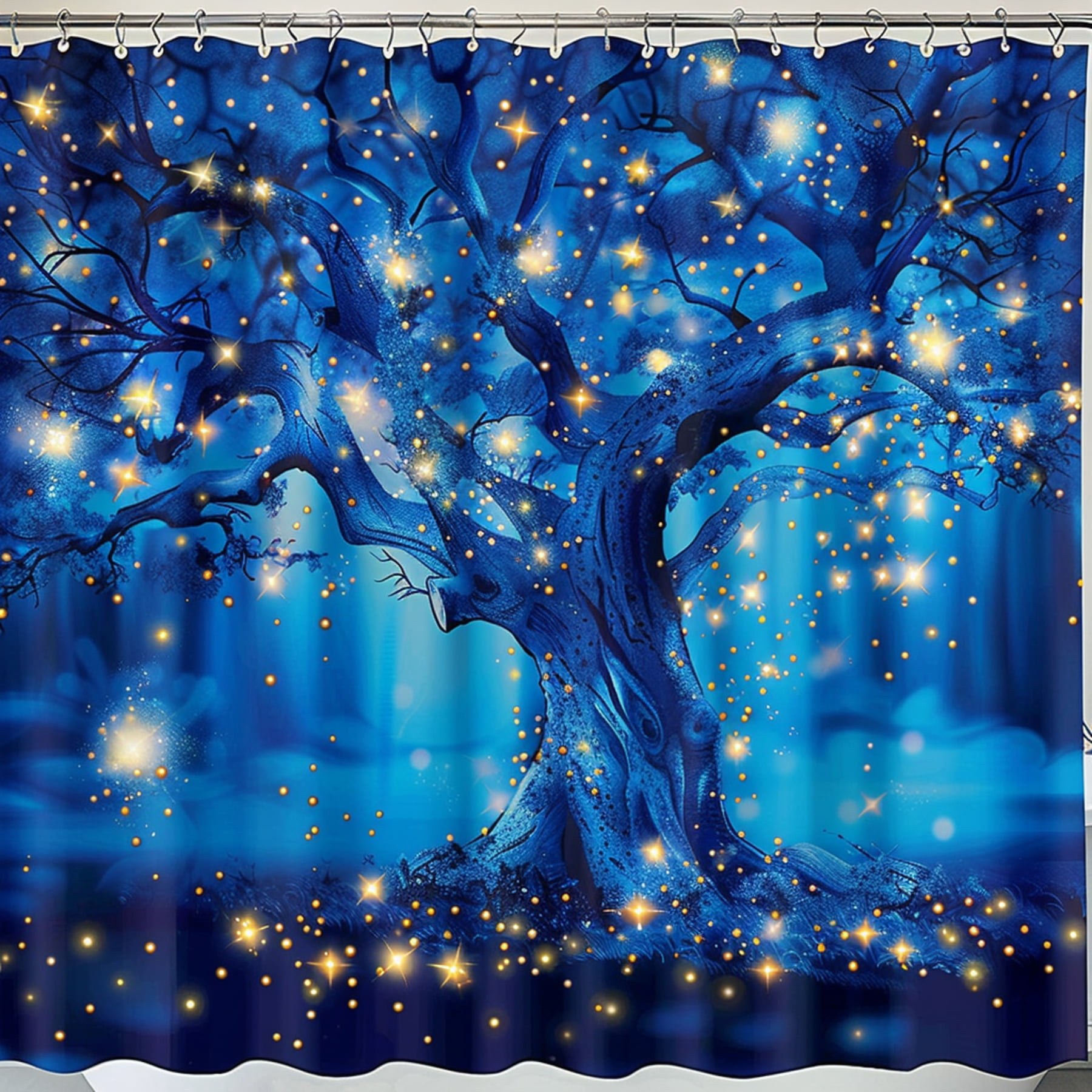 Blue Tree with Fireflies and Stars Shower Curtain Fantasy Art Style ...