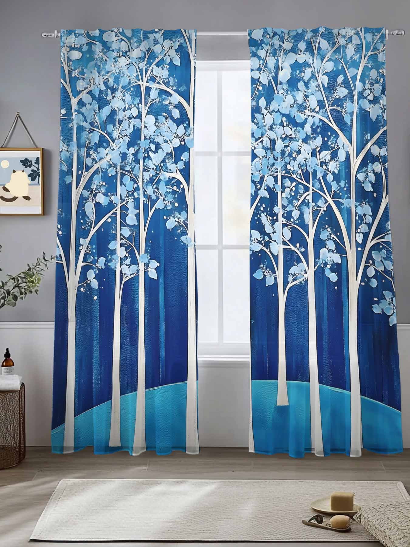 Blue Tree Forest Sheer Curtains for Living Room Bedroom Leaves Abstract ...