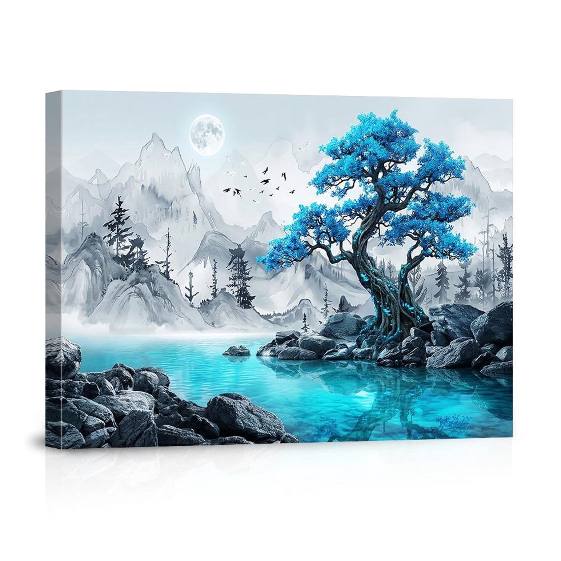 Blue Tree Mountain Lake Full Moon Japanese Zen Landscape For Home ...