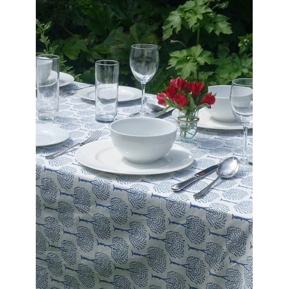 Blue Tree Print Cotton Tablecloth - Hand Printed, Washable, Rectangular ...