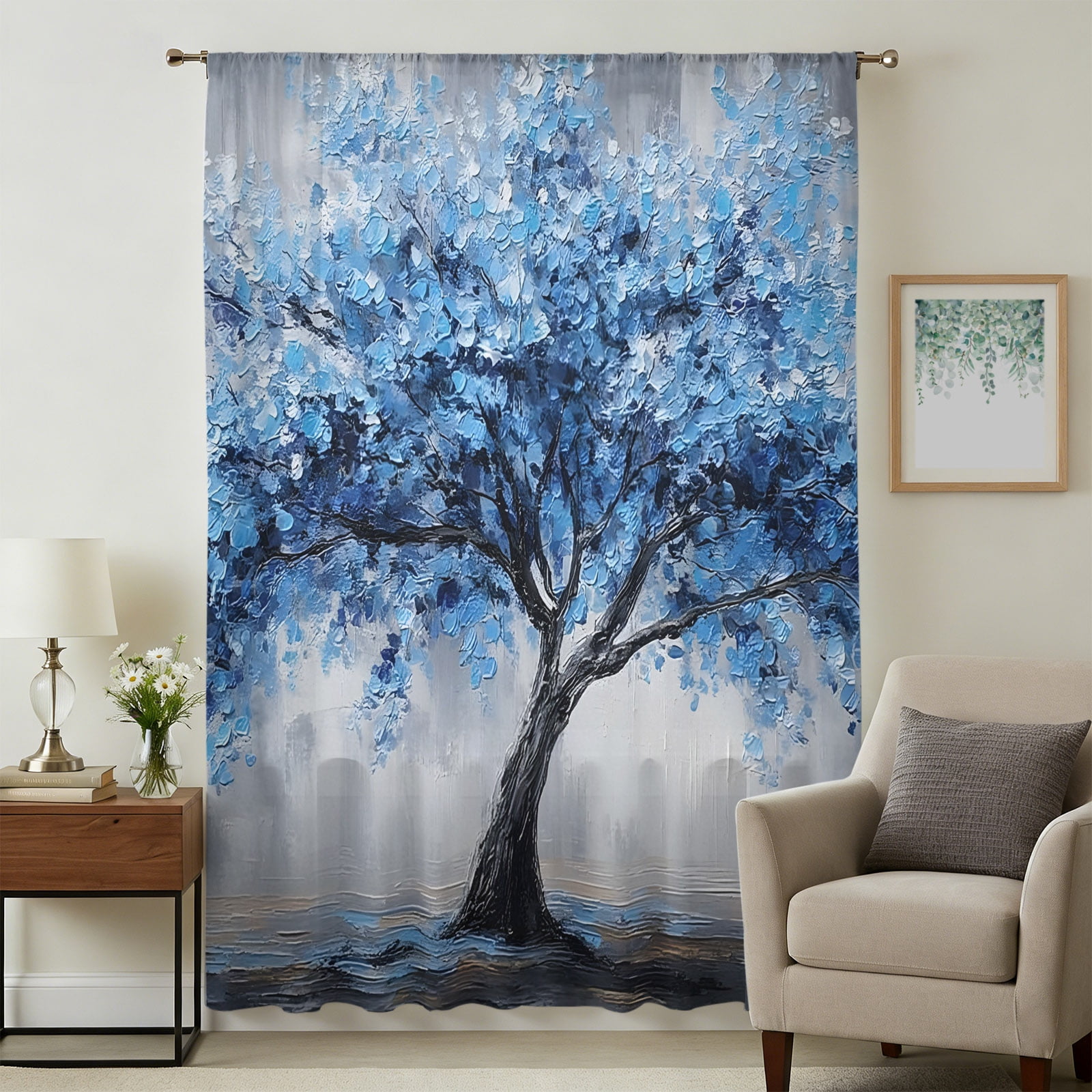 Blue Tree Sheer Curtains 72 Inches Long for Living Room, Modern Oil ...