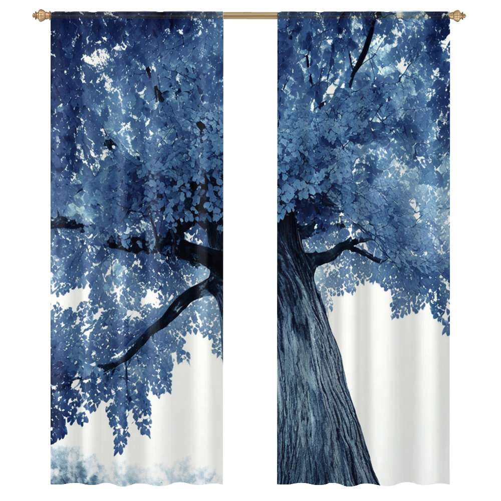 Blue Tree Silhouette Art Sheer Voile Curtain Window Tulle Curtains For ...