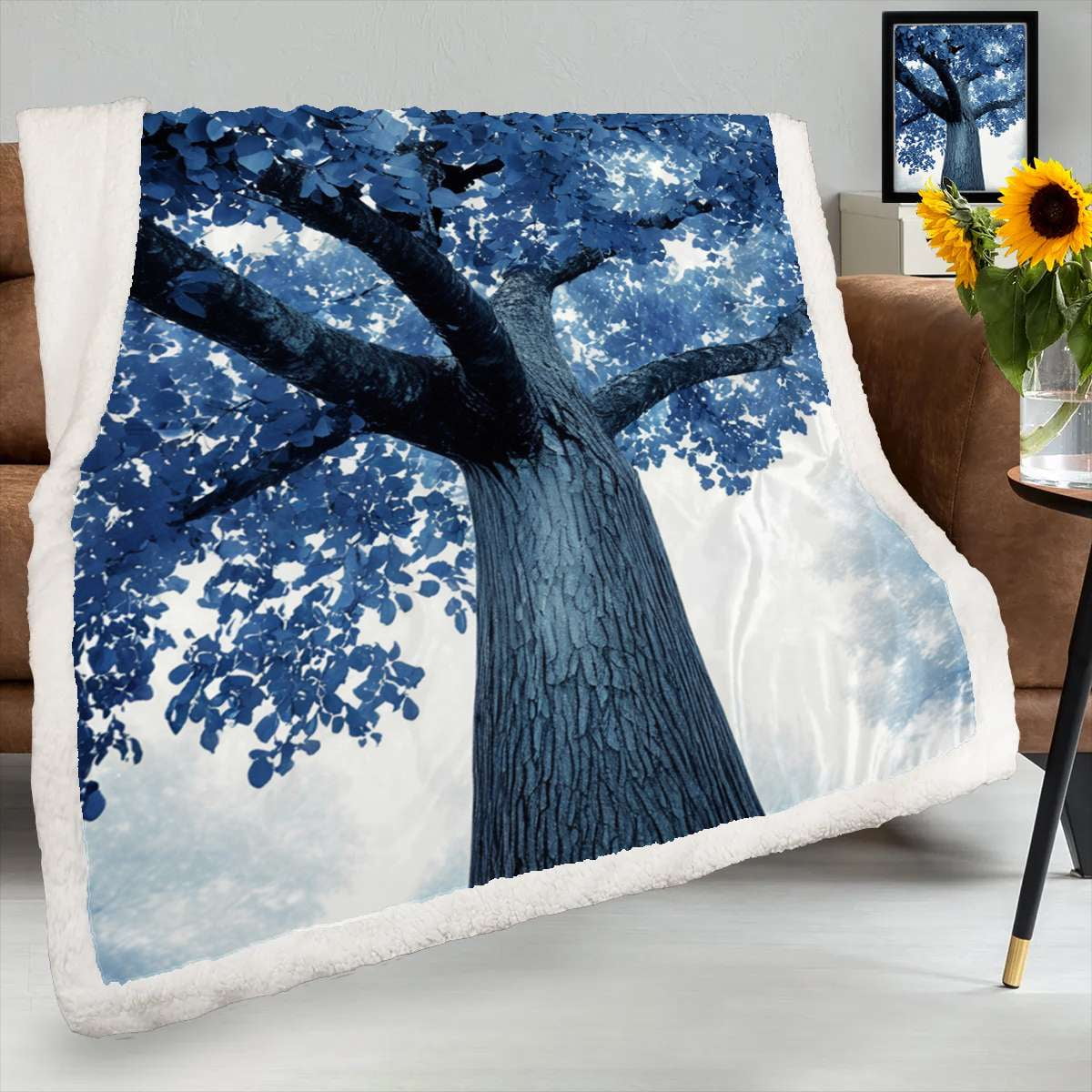 Blue Tree Silhouette Art Sherpa Blanket Throw Blanket For Bed Chair ...