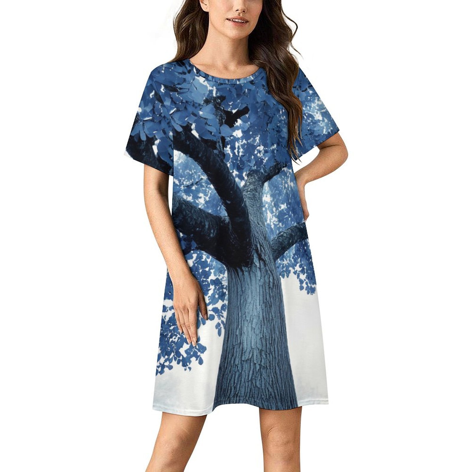Blue Tree Silhouette Art Women Nightgown Sleepwear Short Sleeves For ...