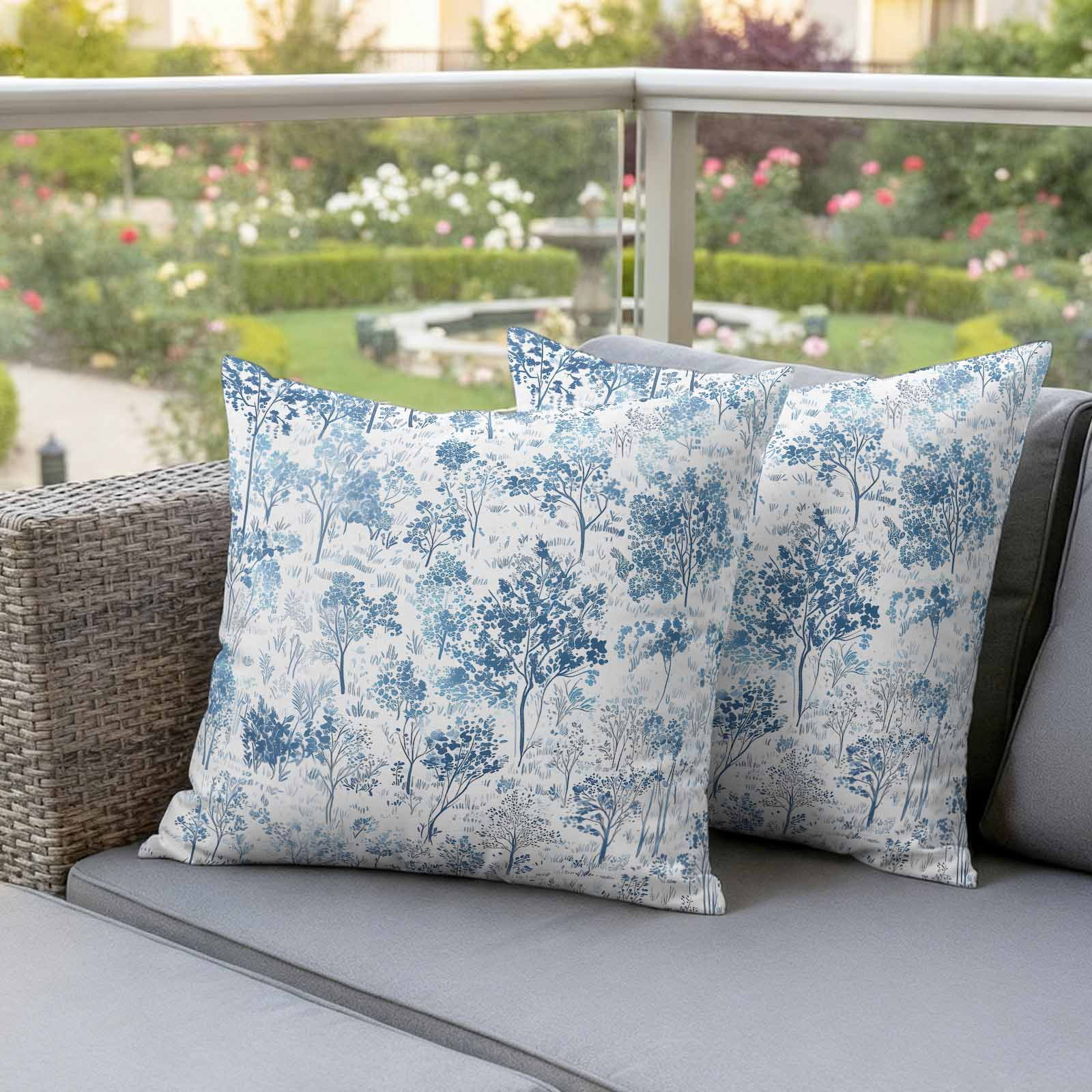 Blue Tree Sketch Art Waterproof Throw Pillow Covers Set of 2 Watercolor ...