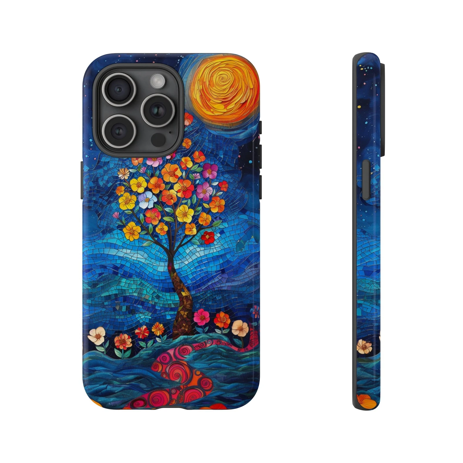 Blue Tree Sunset Stained Glass Scene Phone Case for iPhone 17 11 12 13 ...