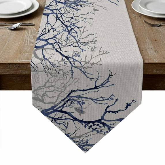 Blue Tree Table Runner Linen Burlap Table Runner 48 Inches Long Retro ...