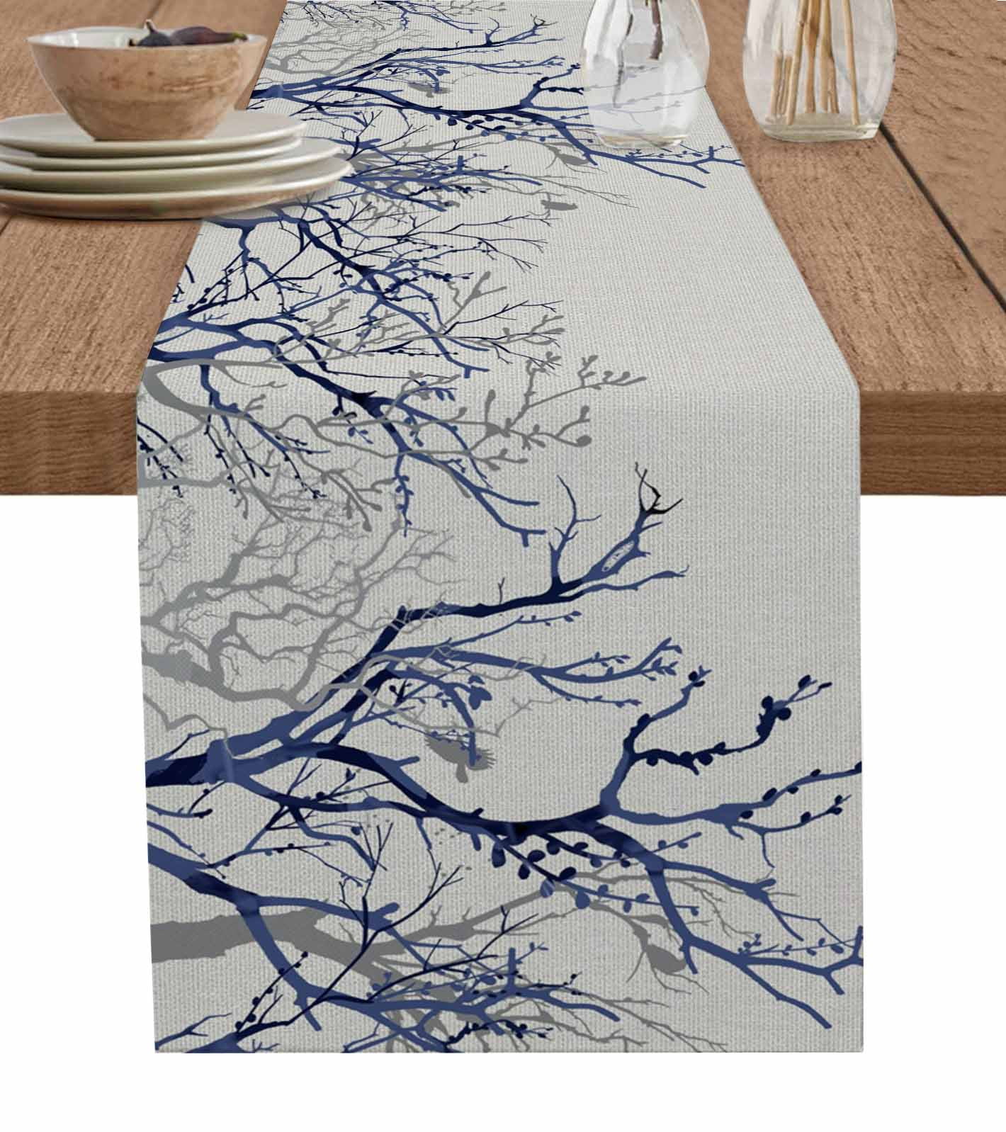 Blue Tree Table Runner Retro Farmhouse Botanical Branches Bird ...