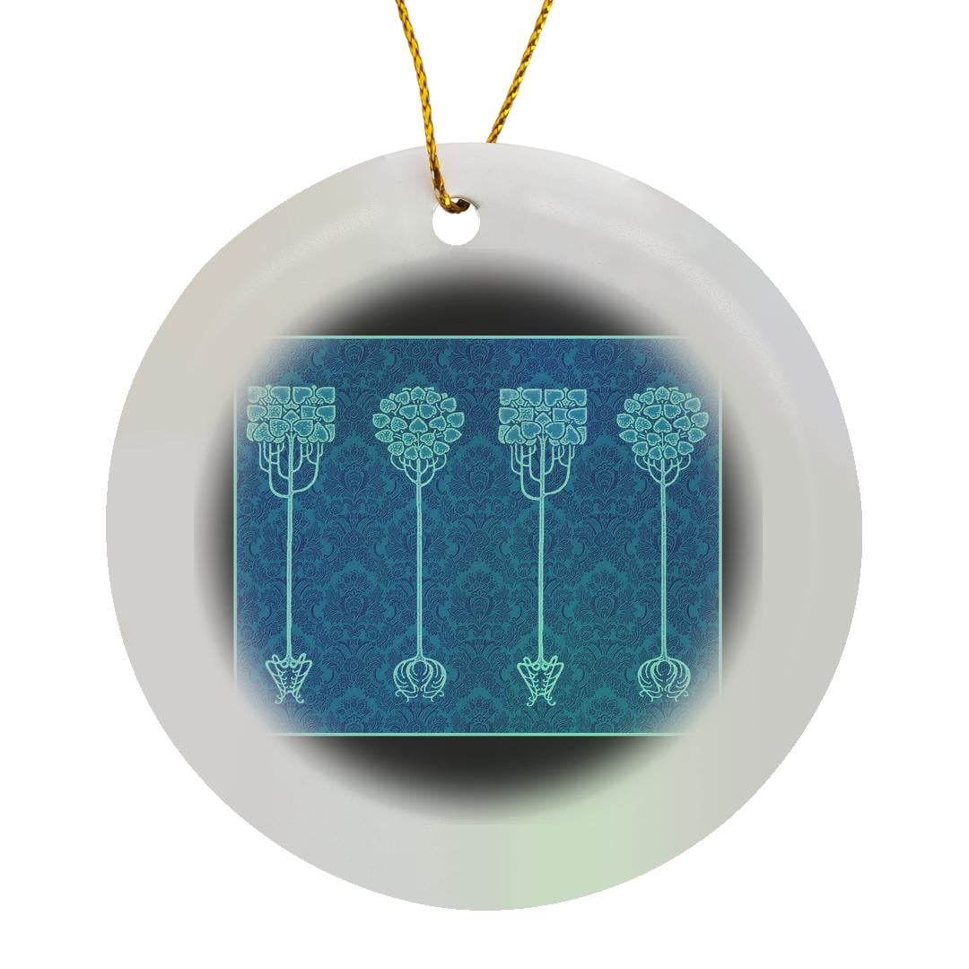 3drose, Blue Trees on Cerulean Blue Damask Background, Circle Porcelain Ornament - Walmart.com