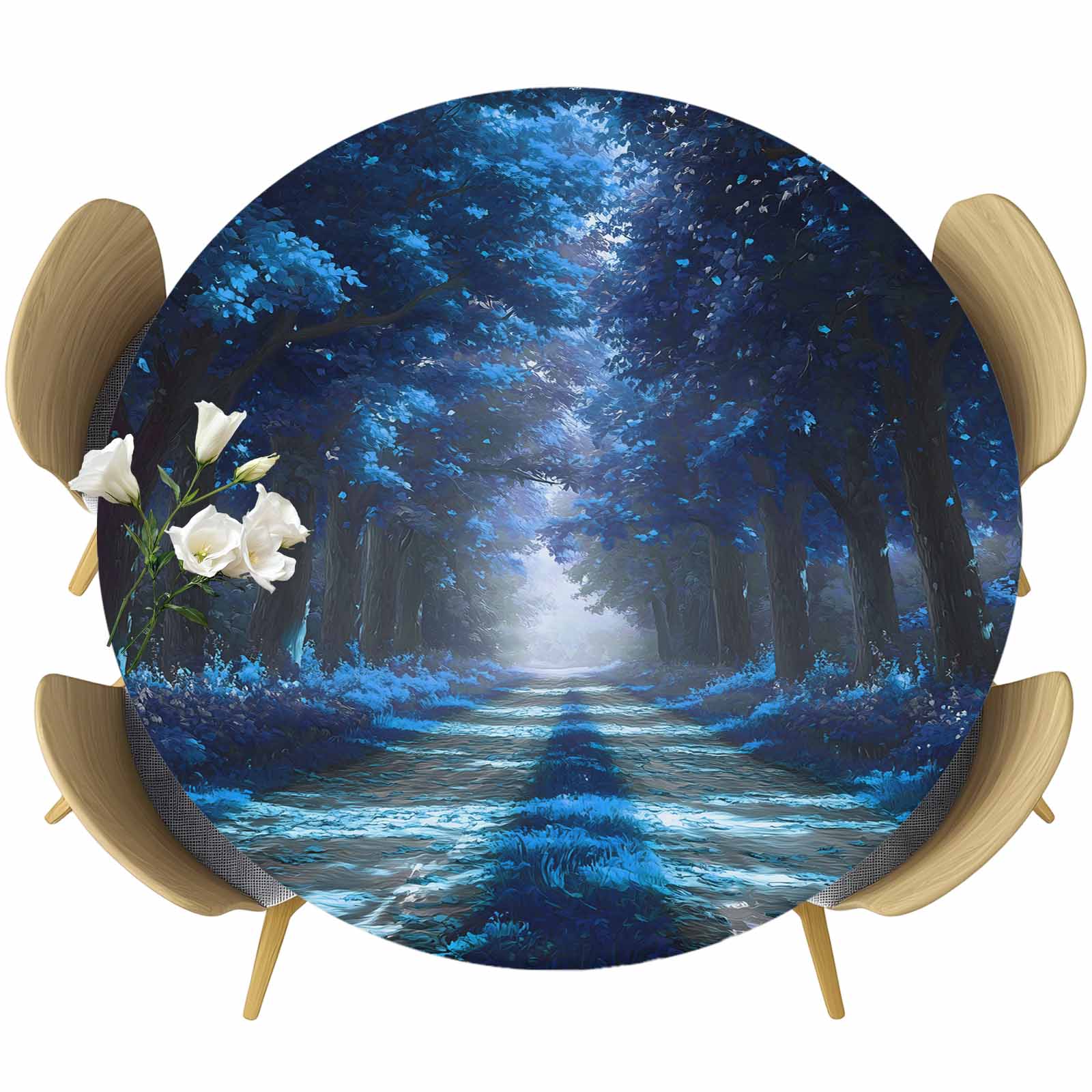 Blue Trees Round Tablecloth 55-60 Inch Round Fitted Table Cloth with ...