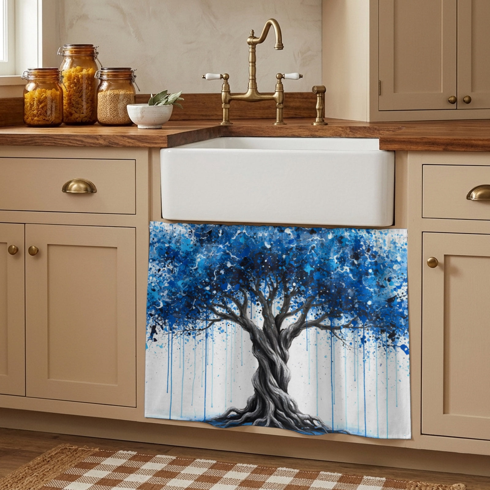 Blue Trees Small Cabinet Curtains 10"W x 11"L, Boho Nature Branch Leaf ...