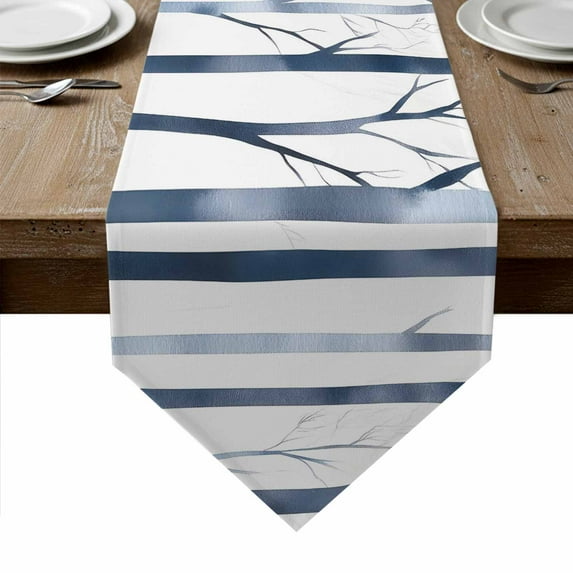 Blue Trees Table Runner Linen Burlap Table Runner 36 Inches Small Retro ...