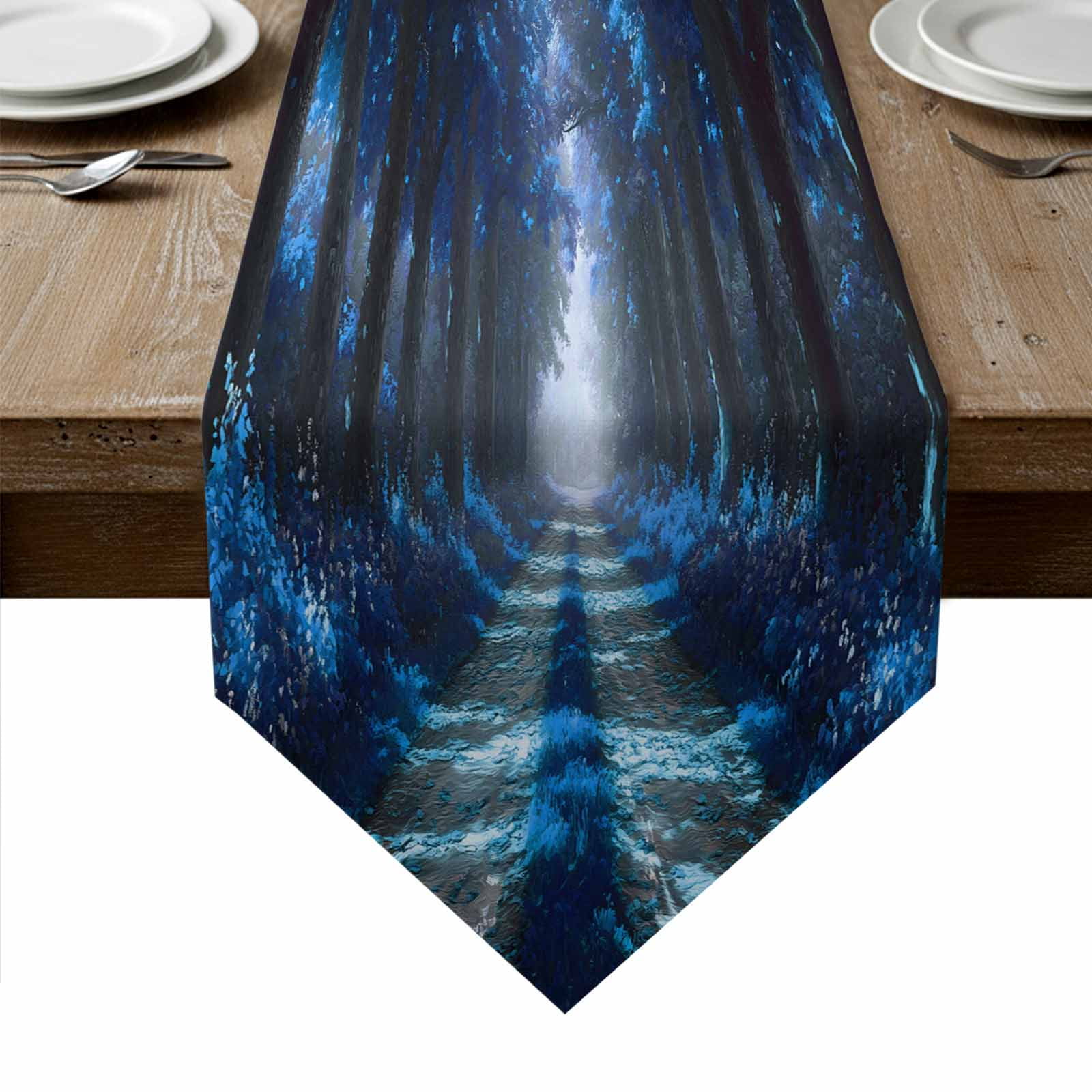 Blue Trees Table Runner Linen Burlap Table Runner 72 Inches Long Forest ...