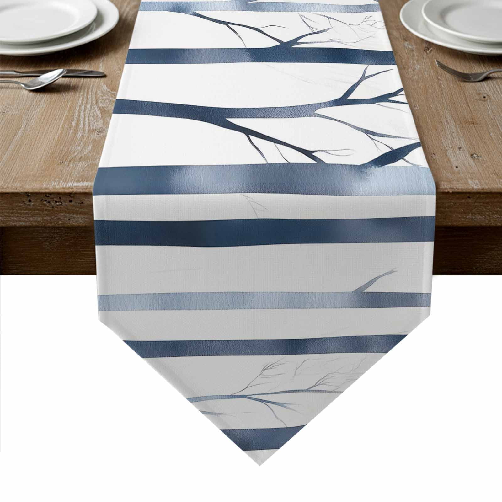 Blue Trees Table Runner Linen Burlap Table Runner 72 Inches Long Retro ...