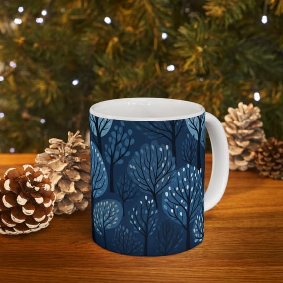 Blue Trees est Large Ceramic Coffee Mug, Abstract Snowy Winter Painting ...