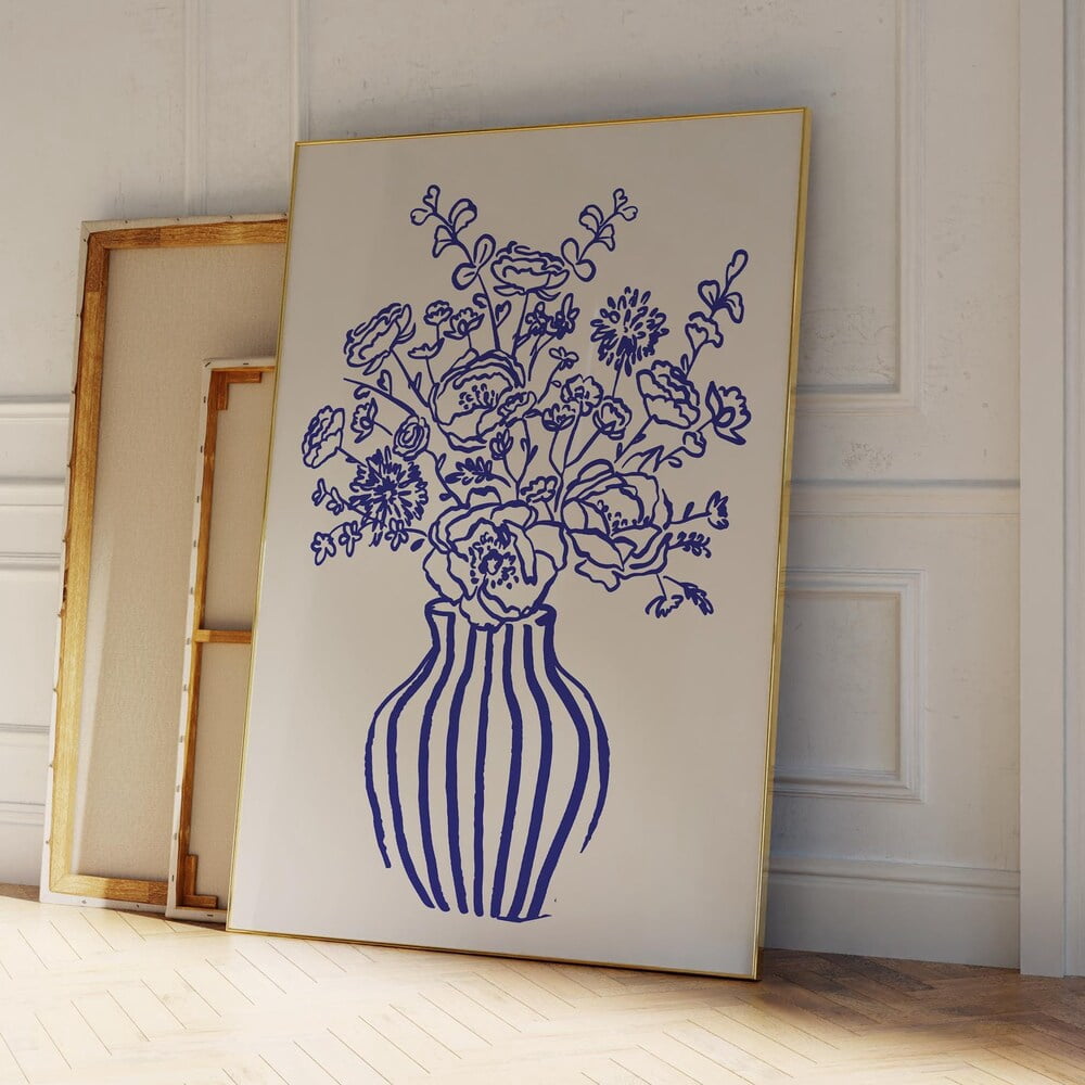 Blue Trendy Vase Poster Floral Physical Print Stripe Vase Print Blue ...