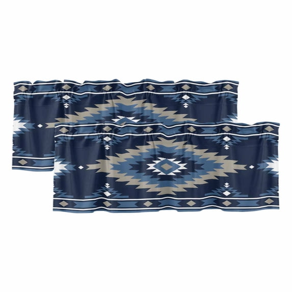 Blue Tribal Geometric 2 Panels Kitchen Valance, Bohemian Vintage Native ...