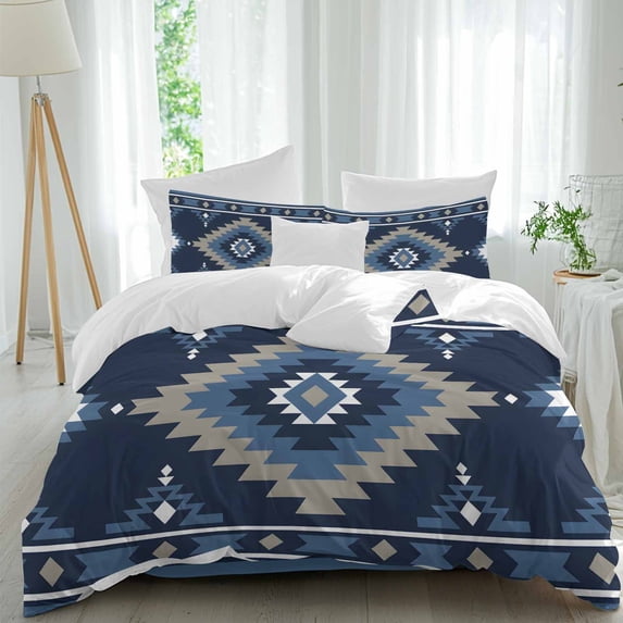 Blue Tribal Geometric Duvet Cover Set Queen Size, Bohemian Vintage ...