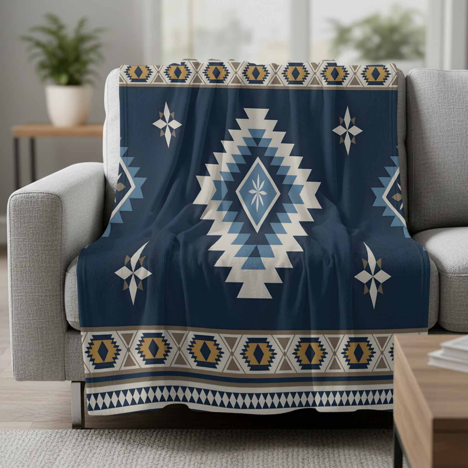 Blue Tribal Geometric Fleece Throw Blanket Vintage Boho Native Abstract ...