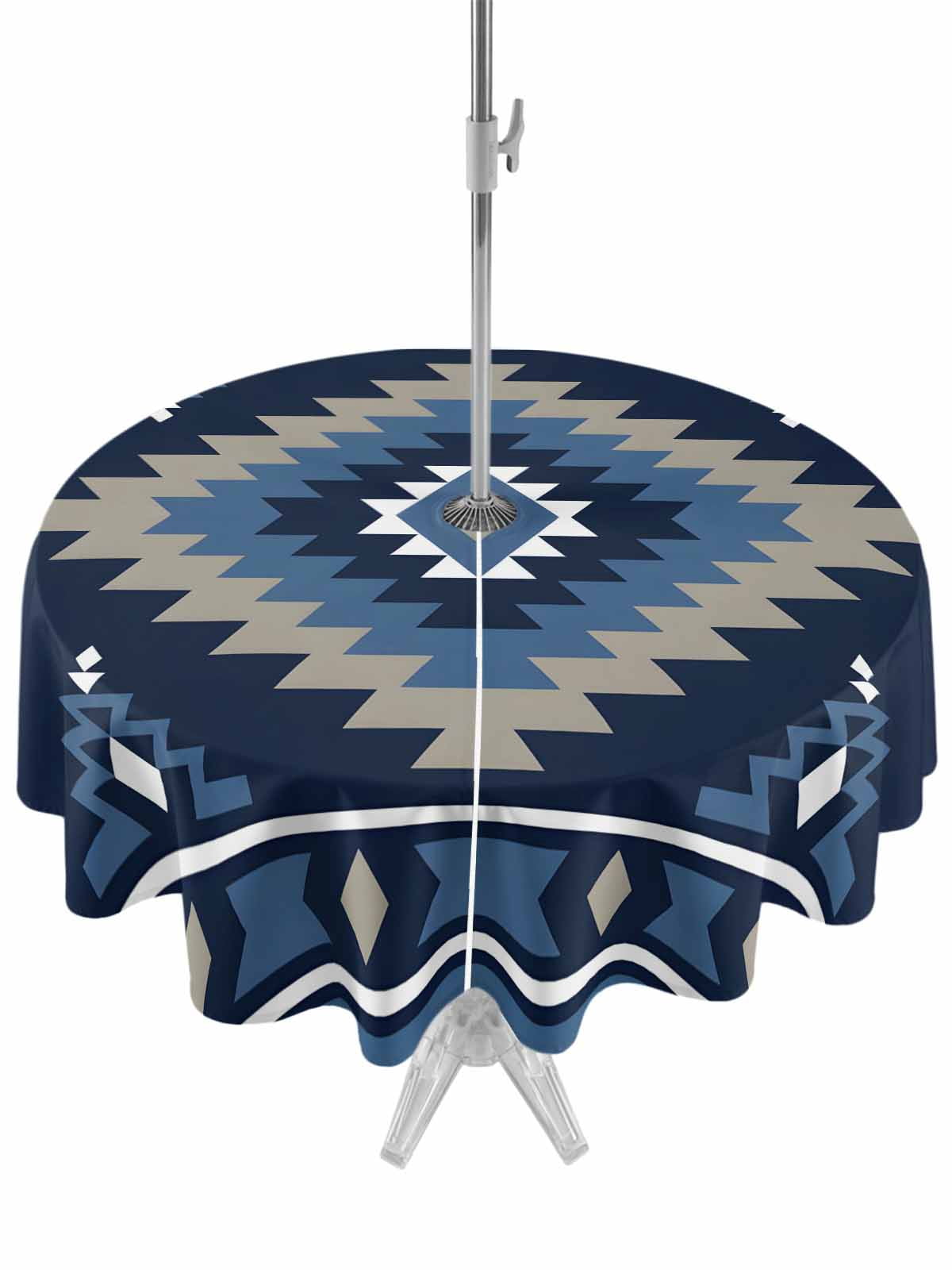 Blue Tribal Geometric Round Outdoor Tablecloth with Umbrella Hole ...