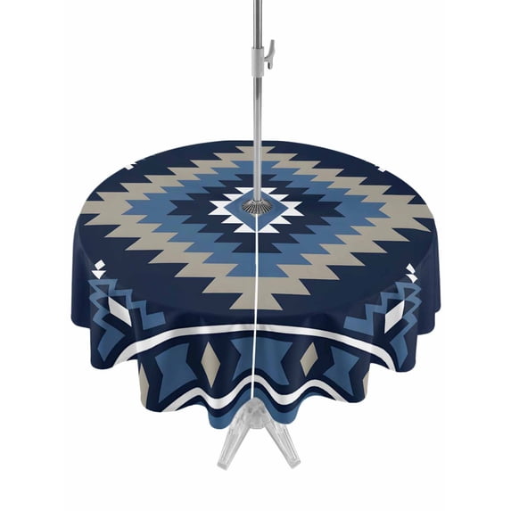 Blue Tribal Geometric Round Outdoor Tablecloth with Umbrella Hole ...