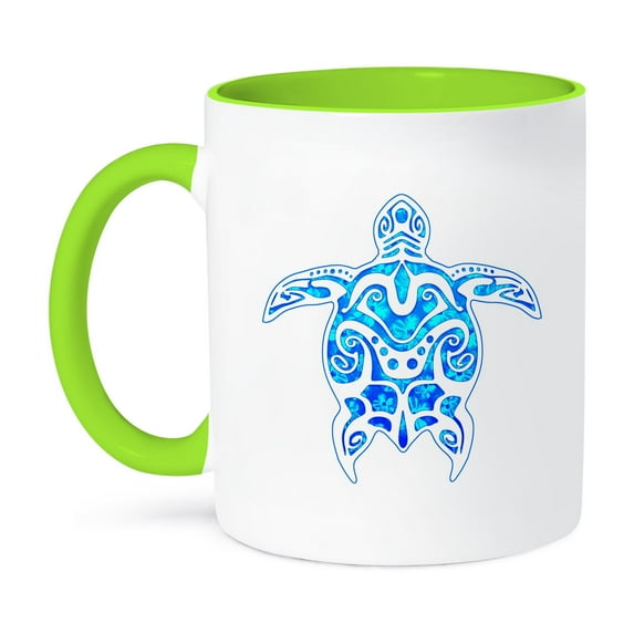 3dRose, Blue tribal honu turtle with floral pattern., 15oz Two-Tone ...