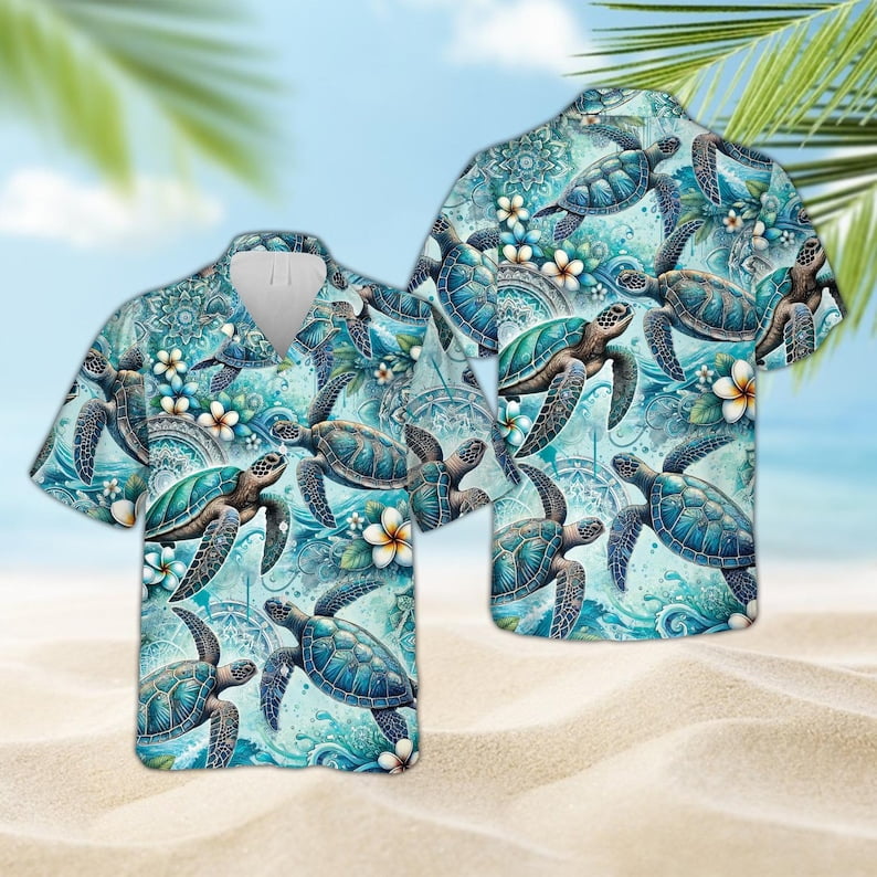 Blue Tribal Sea Turtle Hawaiian Shirt, Aloha Tropical Summer Beach ...