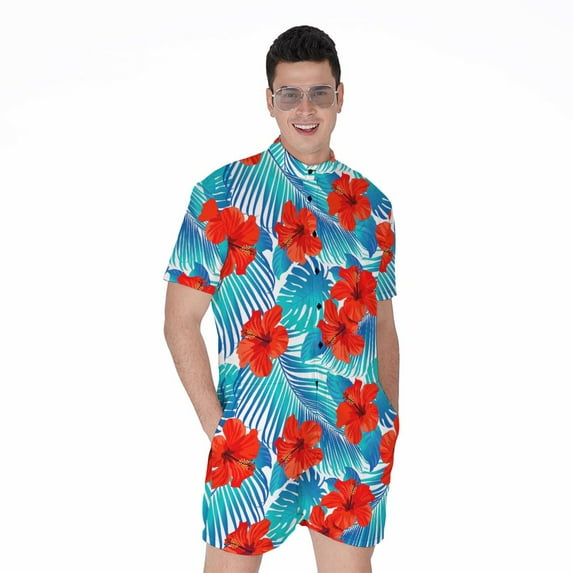 Blue Tropical Hibiscus Pattern Short Sleeve Men'S Rompers, Aloha ...