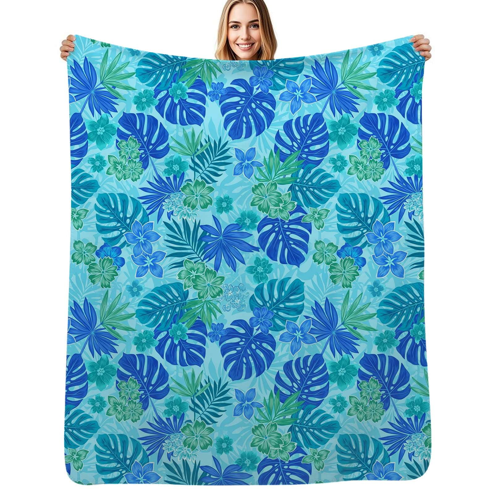 Blue Tropical Leaf Floral Pattern Flannel Blankets Soft Warm Throw ...