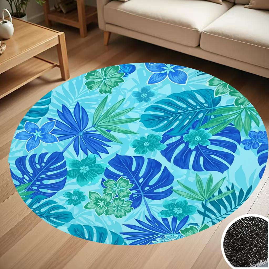 Blue Tropical Leaf Floral Pattern Round Carpet Living Room Bedroom Home ...