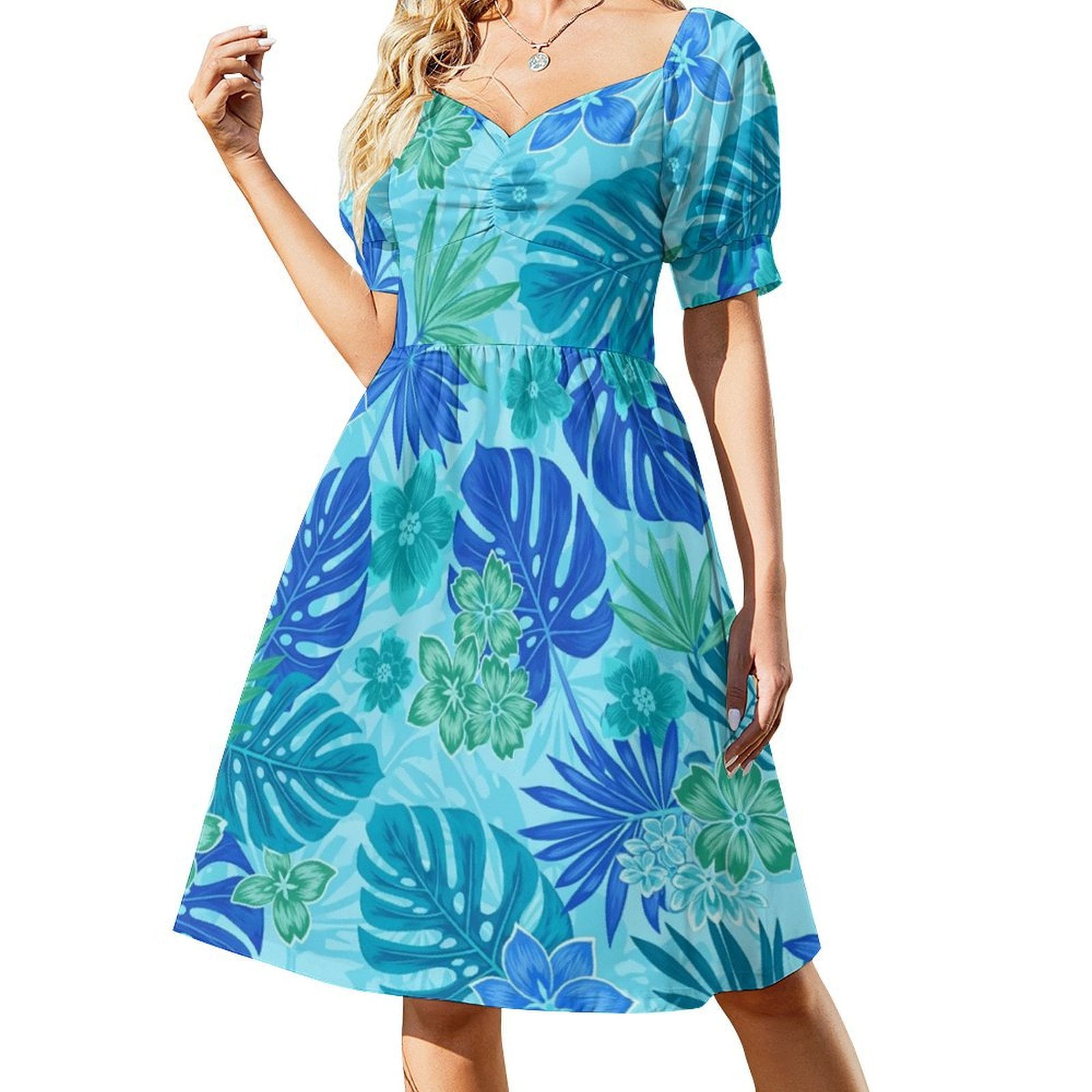 Blue Tropical Leaf Floral Pattern Short Sleeve Dress Clothes Women's ...