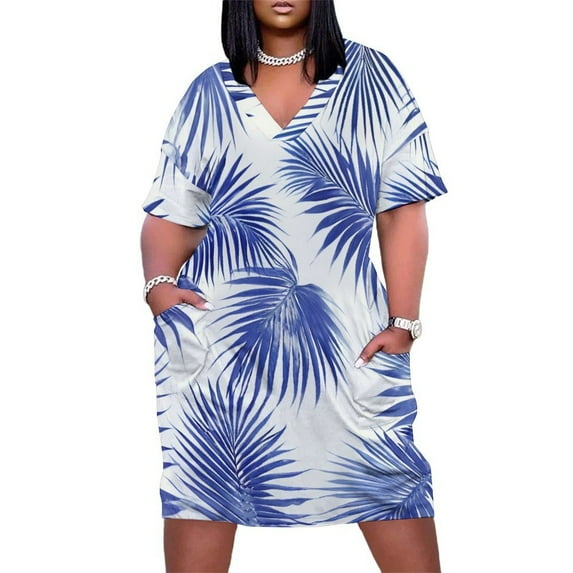 Blue Tropical Leaf Print Loose Pocket Dress Dresses Summer Summer ...