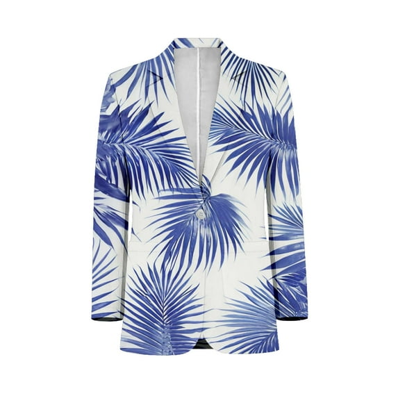 Blue Tropical Leaf Print Mens Suits Shawl Collar Slim Fit Suit Mens ...