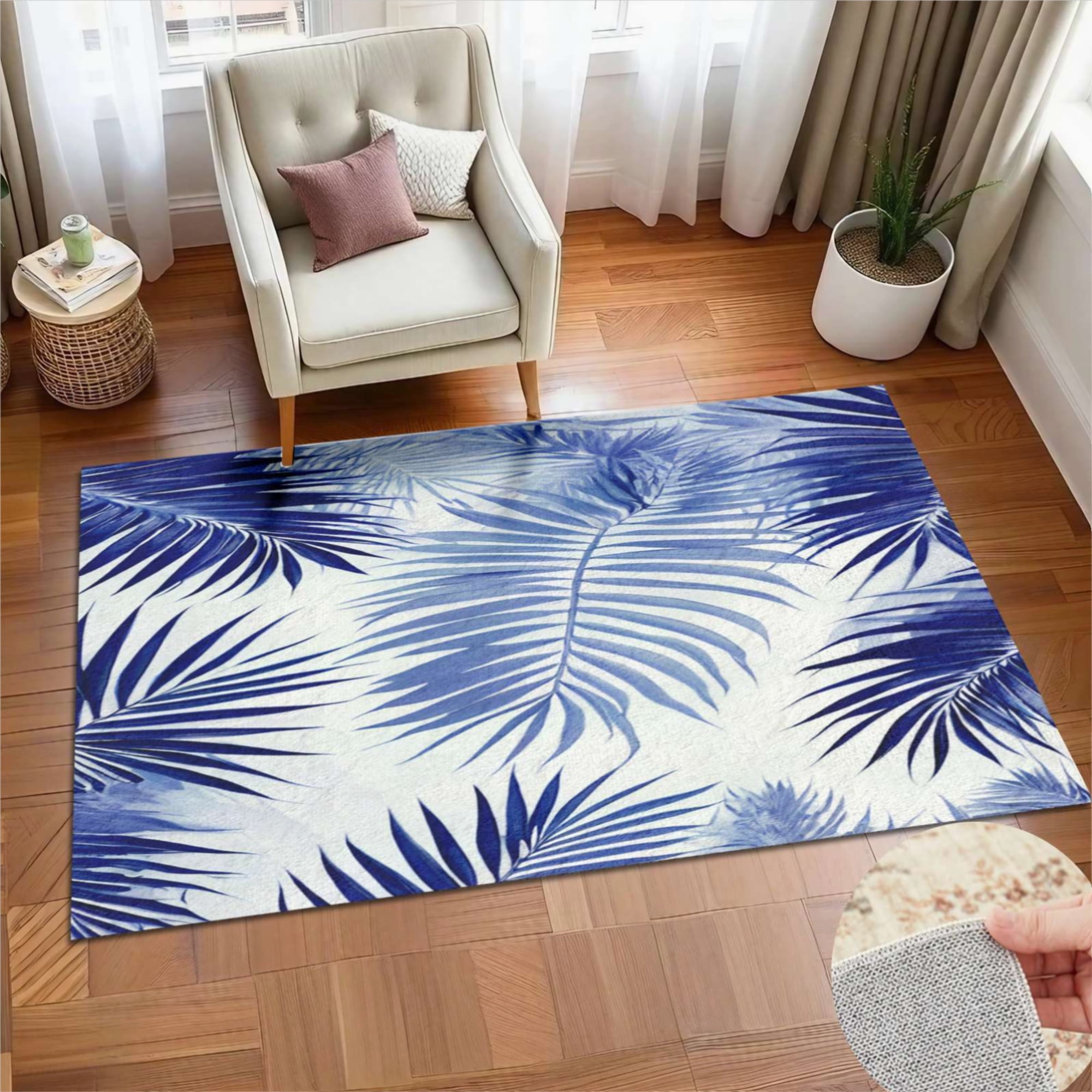 Blue Tropical Leaf Print Soft Large Area Rugs Washable Rug With Non ...