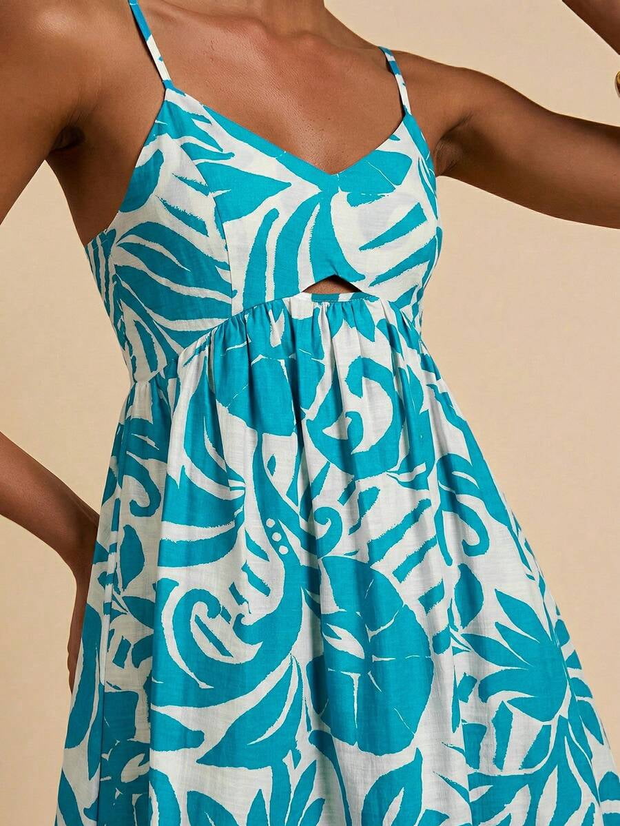 Blue Tropical Leaf Print Spaghetti Strap Mini Sundress For Women ...