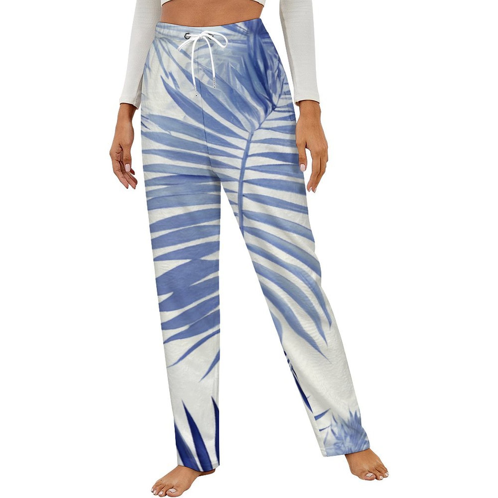 Blue Tropical Leaf Print Winter Female Pants Flannel High Waist Women ...