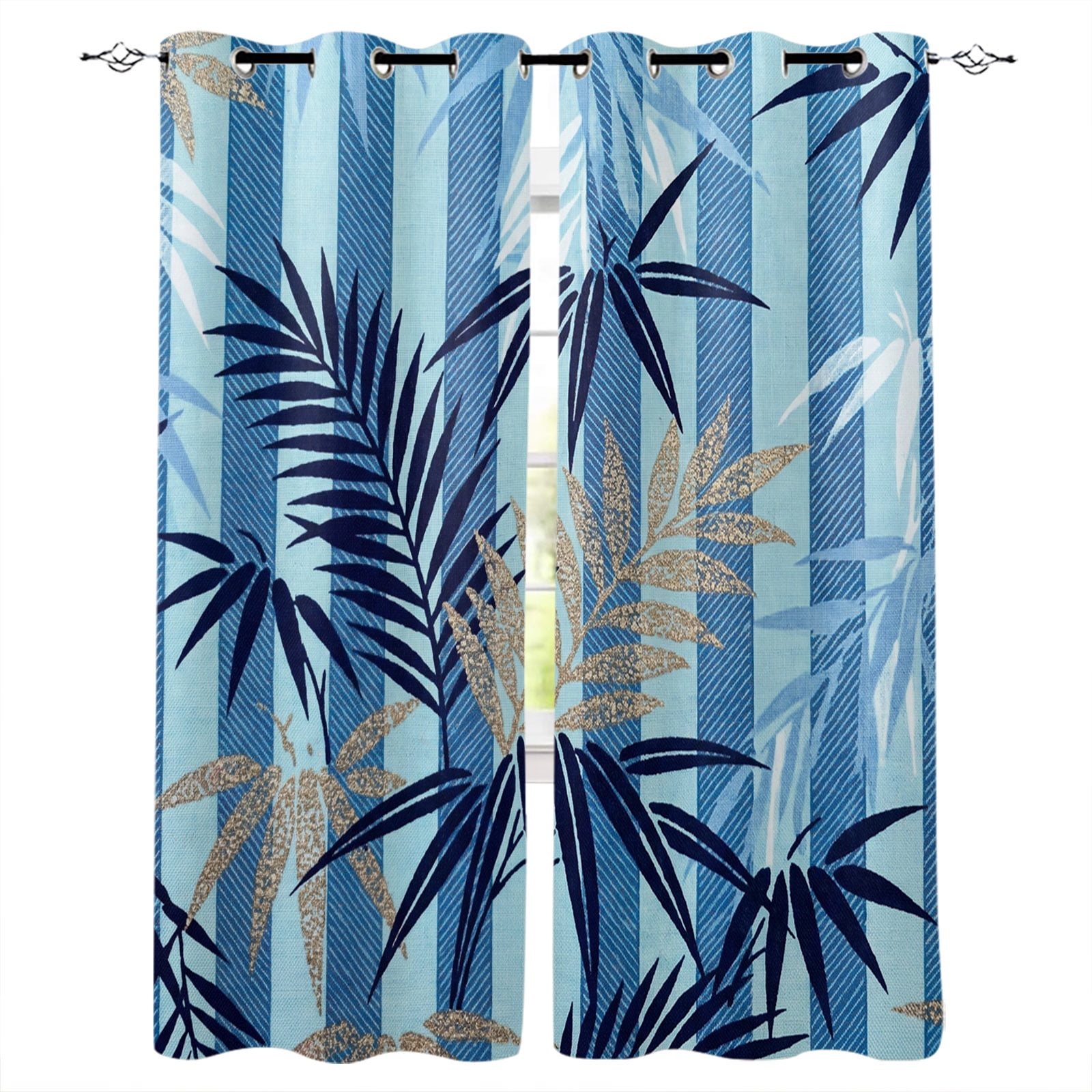 Blue Tropical Leaves Kitchen Curtains Summer Botanical Ferns Stripes ...