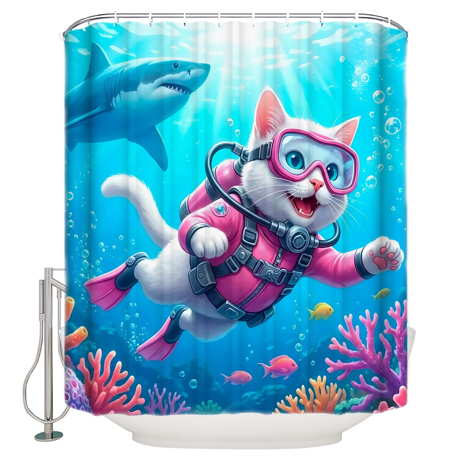 Blue Tropical Ocean Bathroom Shower Curtains with 12 Hooks Waterproof ...