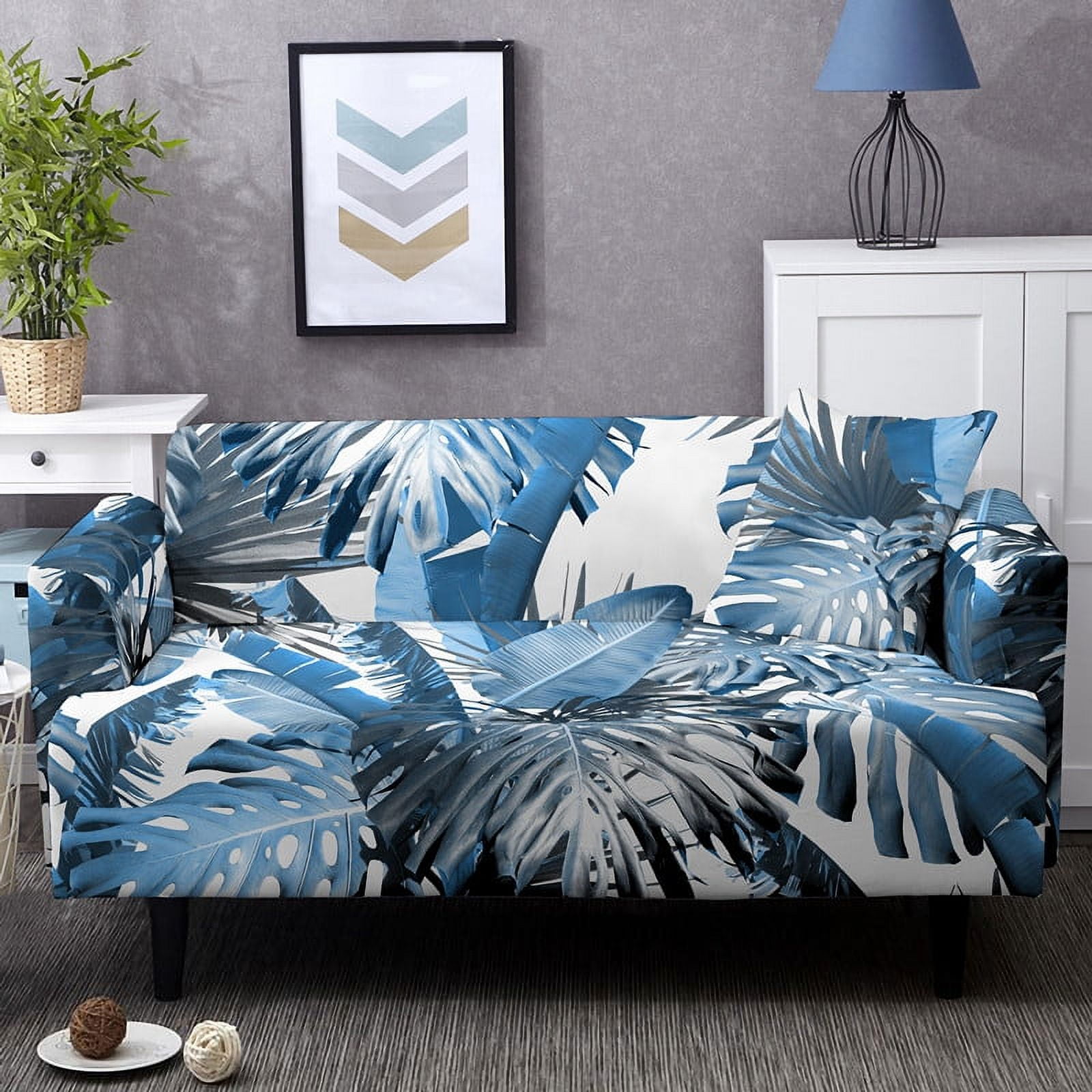 Blue Tropical Palm Leaf Stretch Sofa Cover For Living Room Washable ...