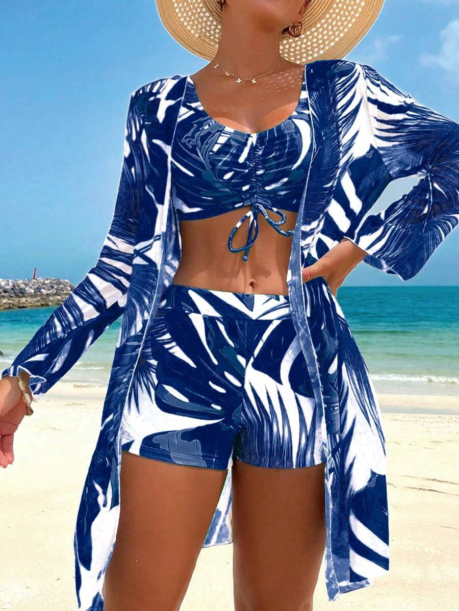 Blue Tropical Palm Print Bikini Set With Front Tie Top, Cheeky Shorts ...