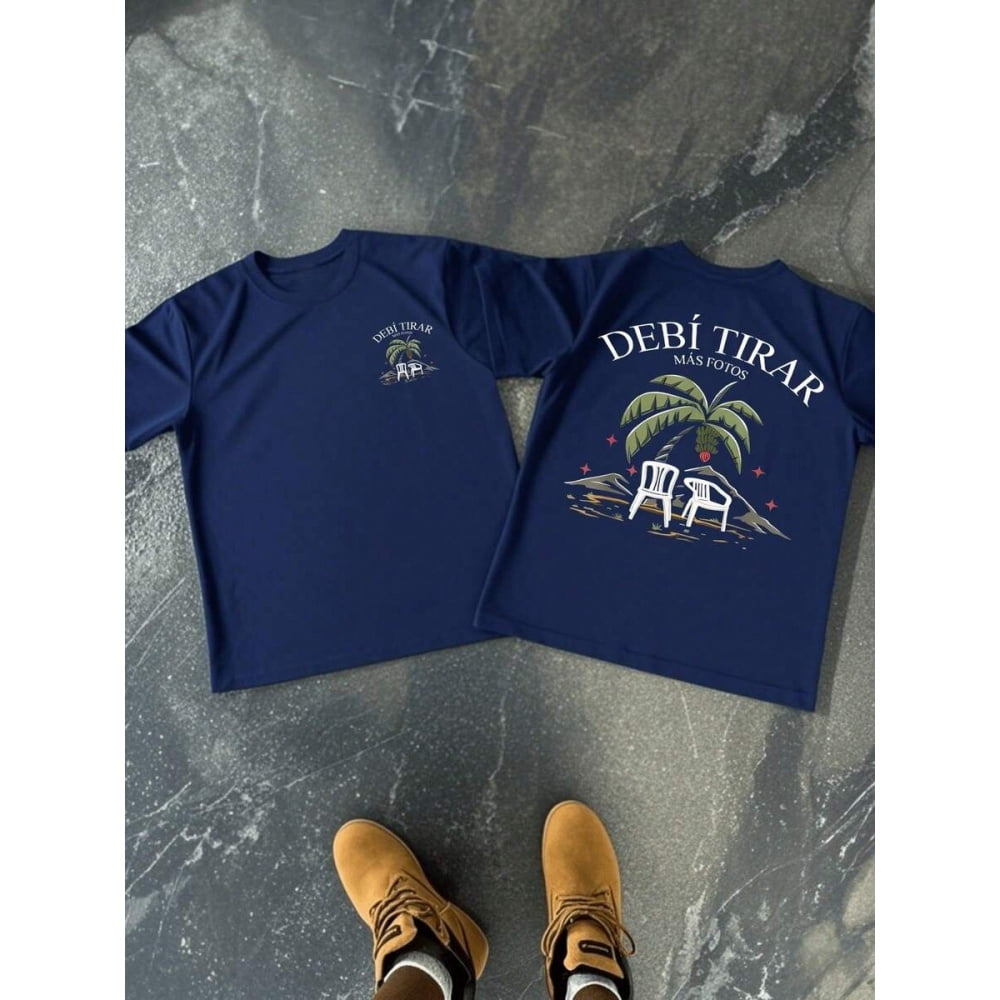 Blue Tropical Palm Tree & Chairs Mens 100% Cotton Graphic Tee, Double ...