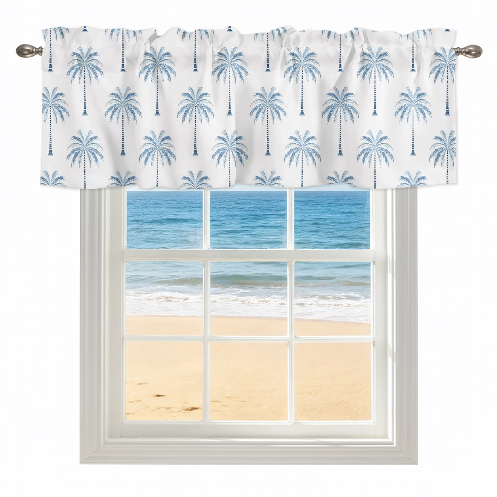 Blue Tropical Palm Tree Valances for Windows, Rod Pocket Kitchen ...
