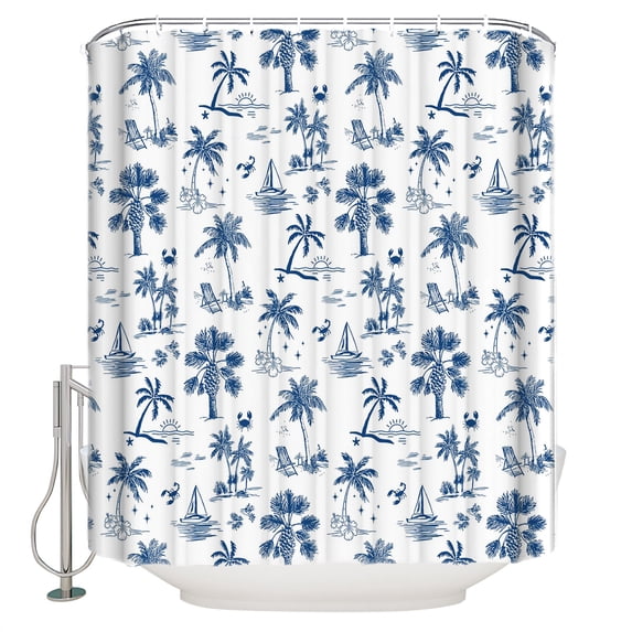 Blue Tropical Plant Bathroom Shower Curtains with 12 Hooks Waterproof ...