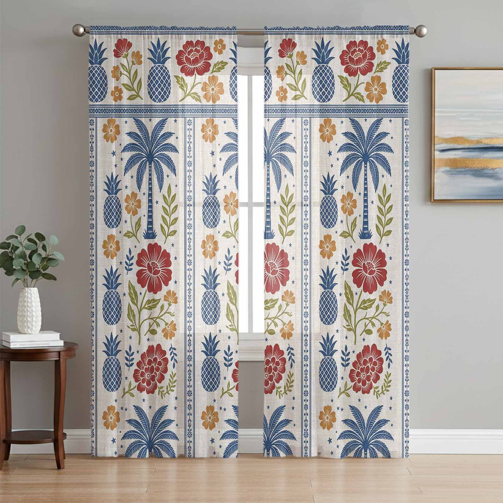 Blue Tropical Plant Sheer Curtains for Living Room Bedroom Palm Tree ...