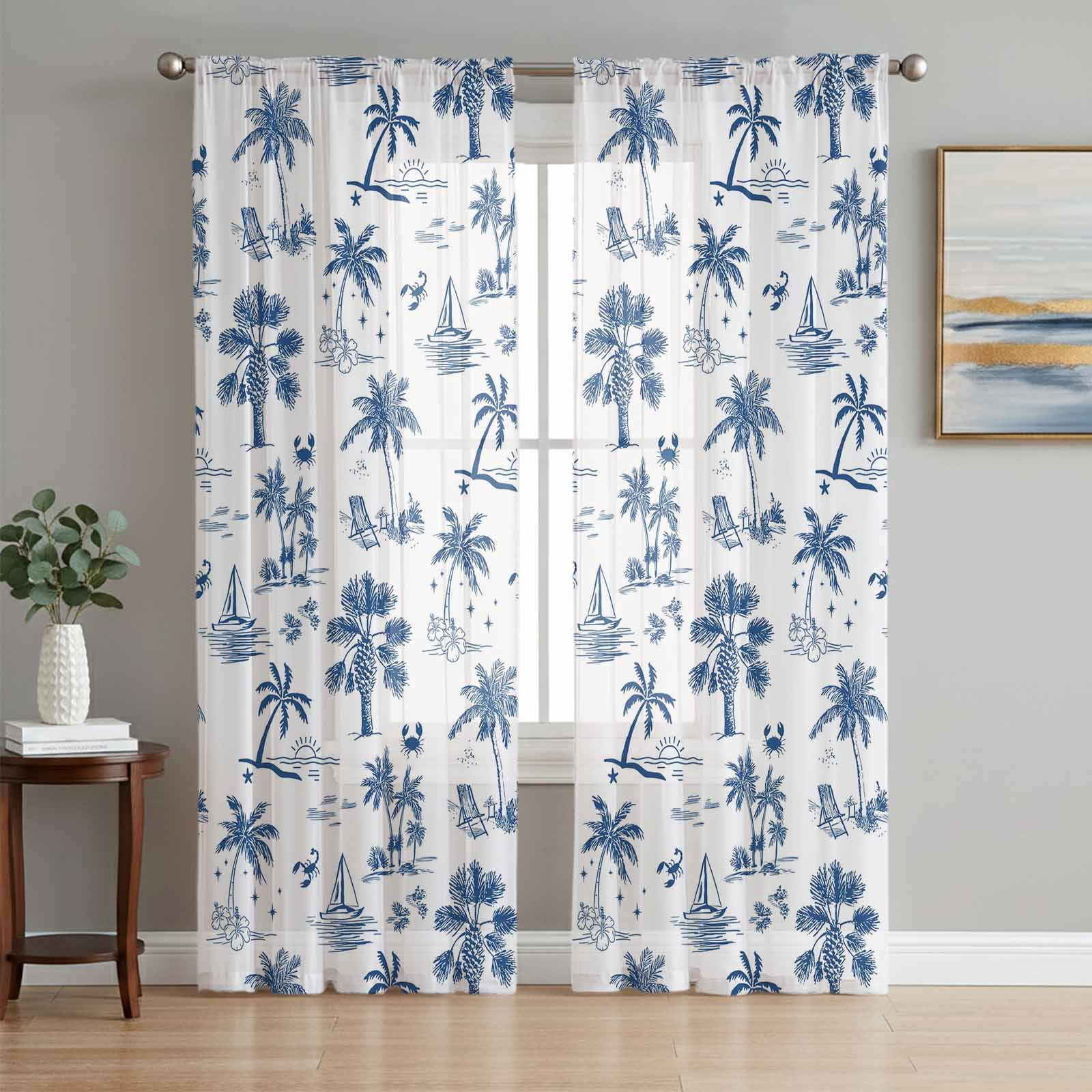Blue Tropical Plant Sheer Curtains for Living Room Bedroom Summer Palm ...