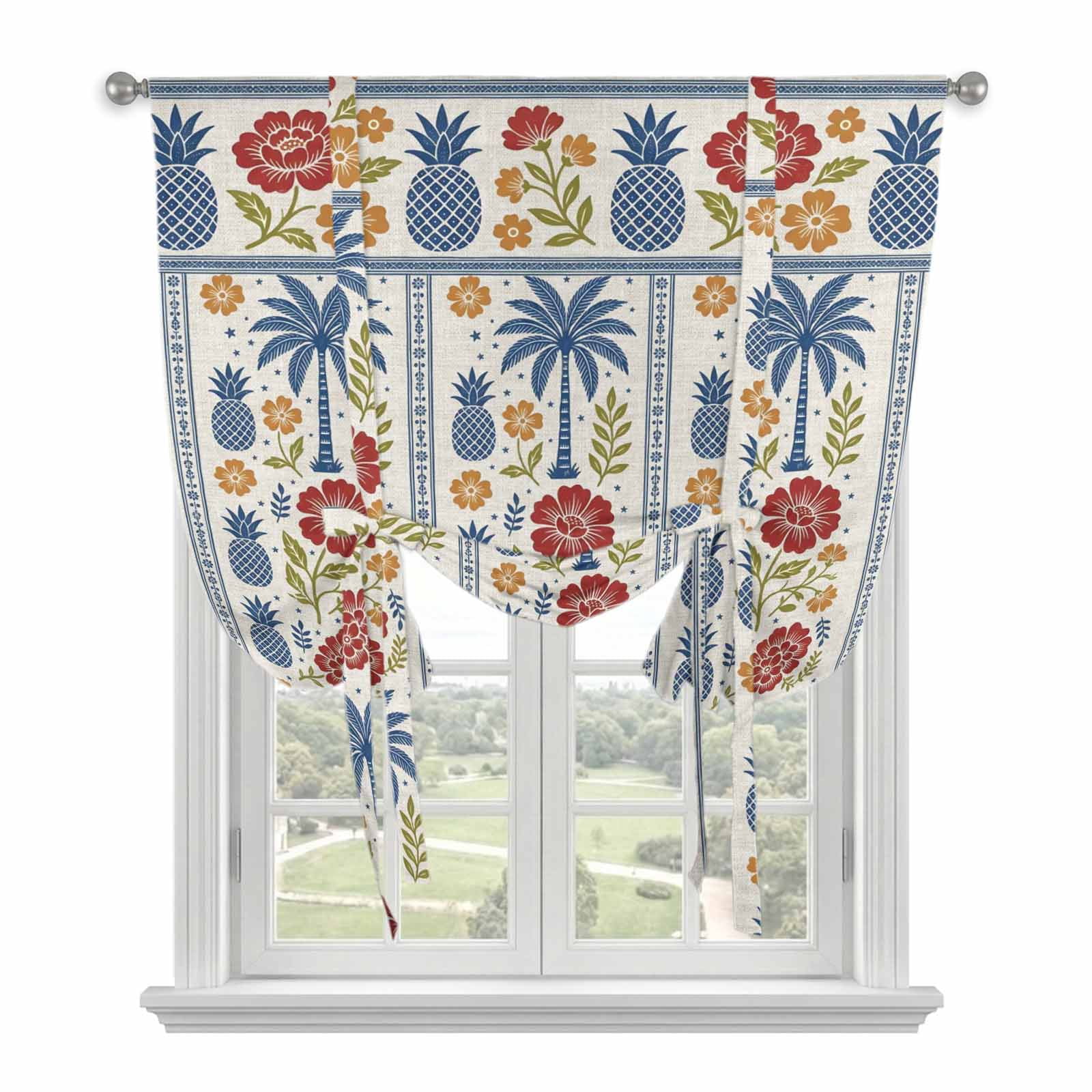 Blue Tropical Plant Tie Up Curtains for Window, Thermal Insulated ...